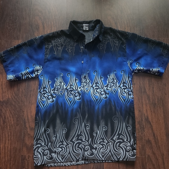 AUTHENTIC SHAOLIN | Shirts | Authentic Shaolin Blue Black Flames Button ...